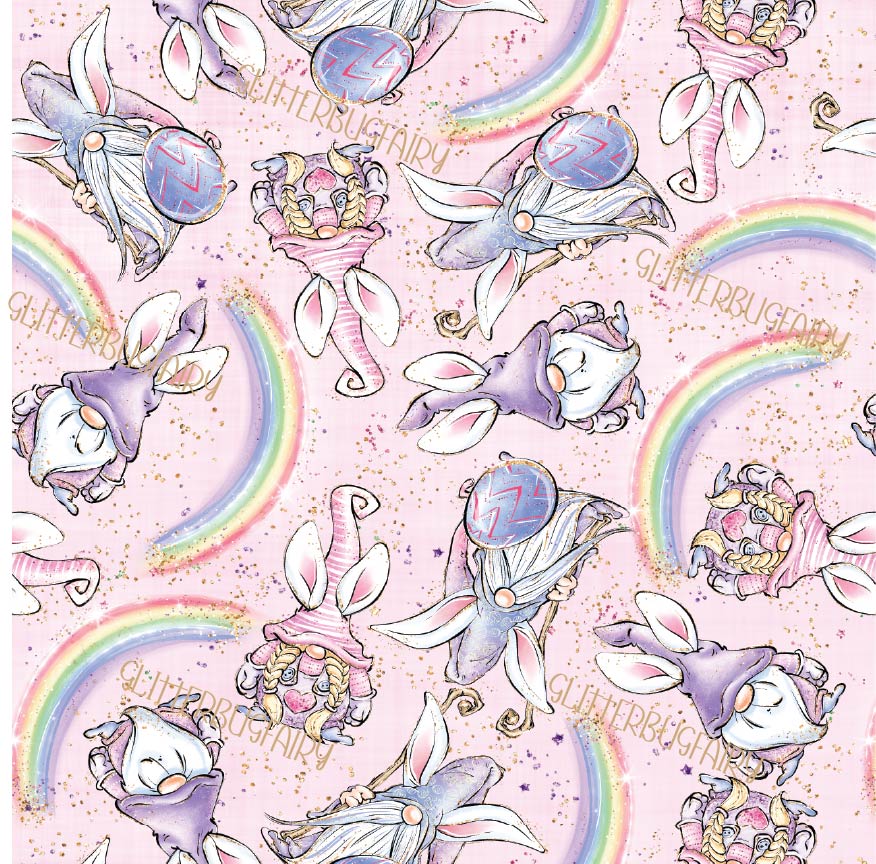 Easter Bunny Gnomes with Rainbows on Pink| Glitterbugfairy